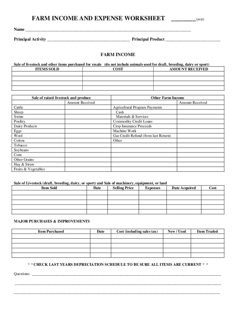 Farm Income and Expense Worksheet - Blank Fillable Template | Fill Out ...