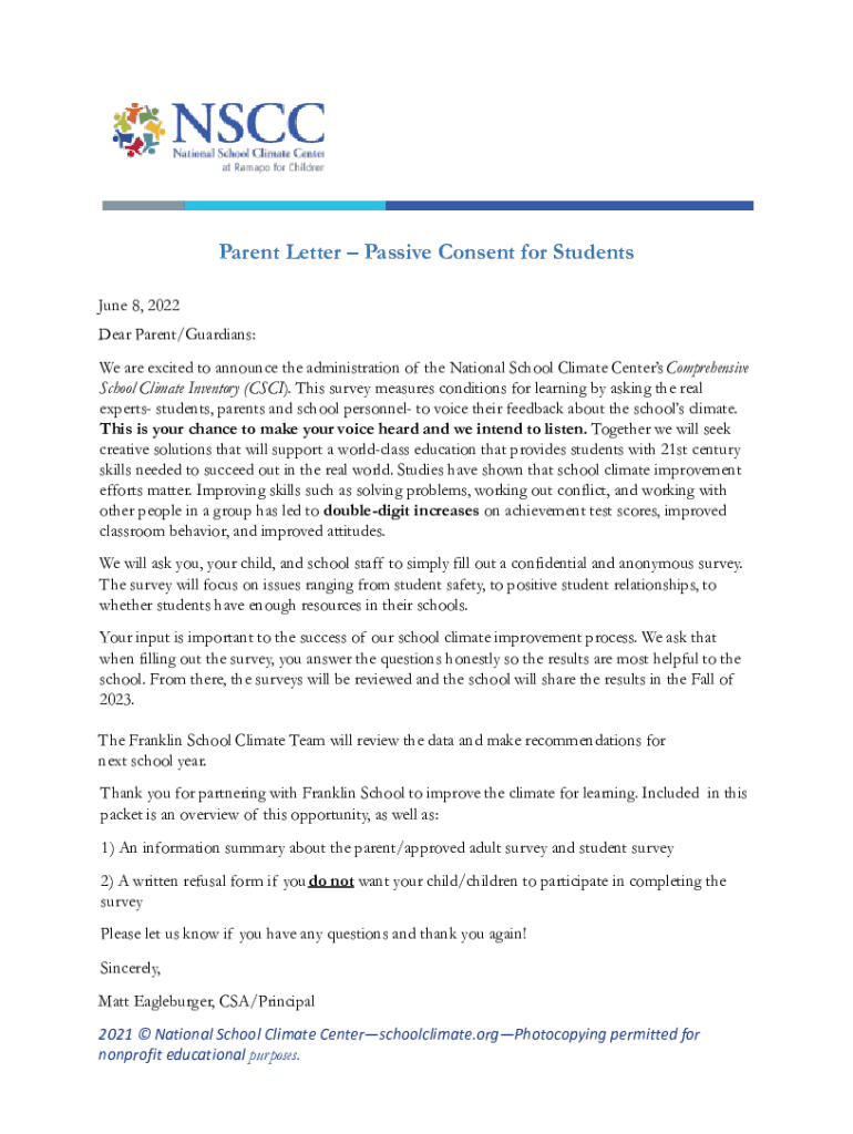 Fillable Online School Climate Survey - Passive ParentGuardian Consent ...