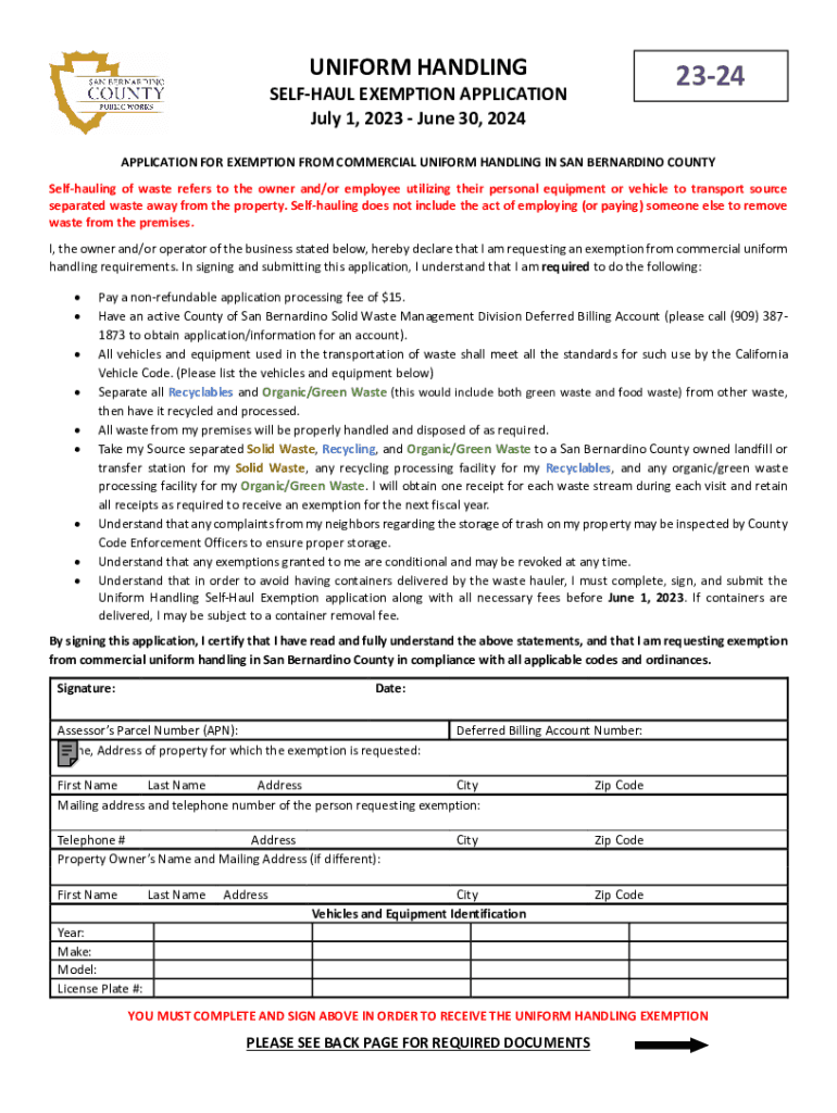 Fillable Online Uniform Handling Self-Haul Exemption Application Fax ...