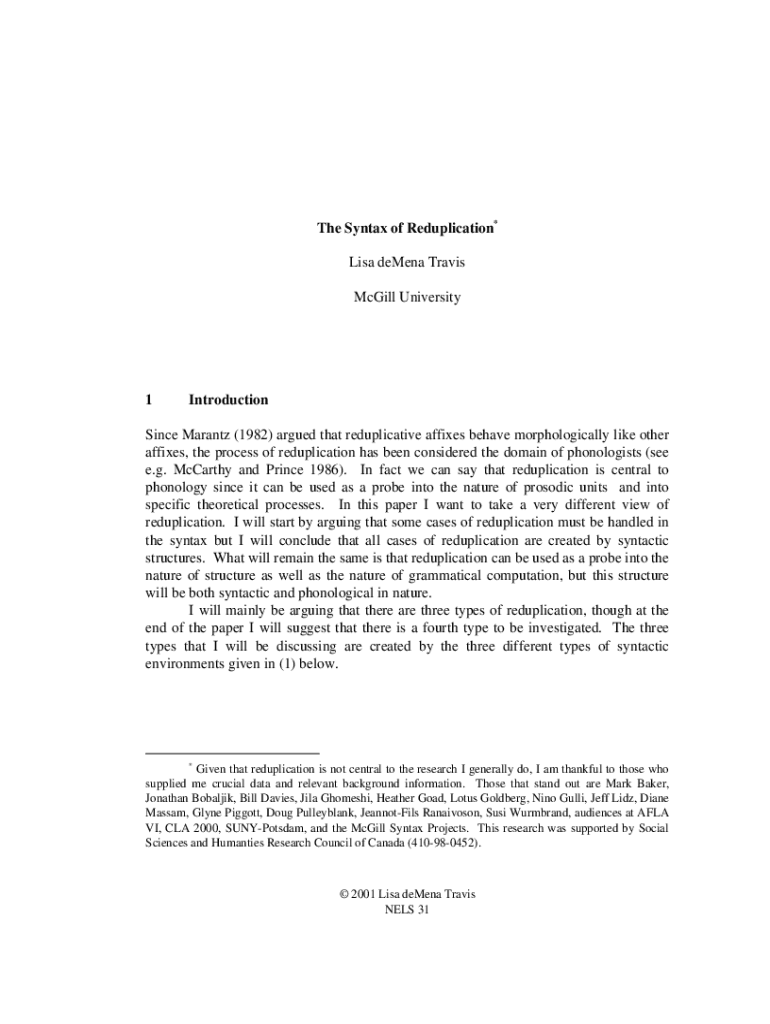 Fillable Online The Syntax of Reduplication* Lisa deMena Travis McGill ...