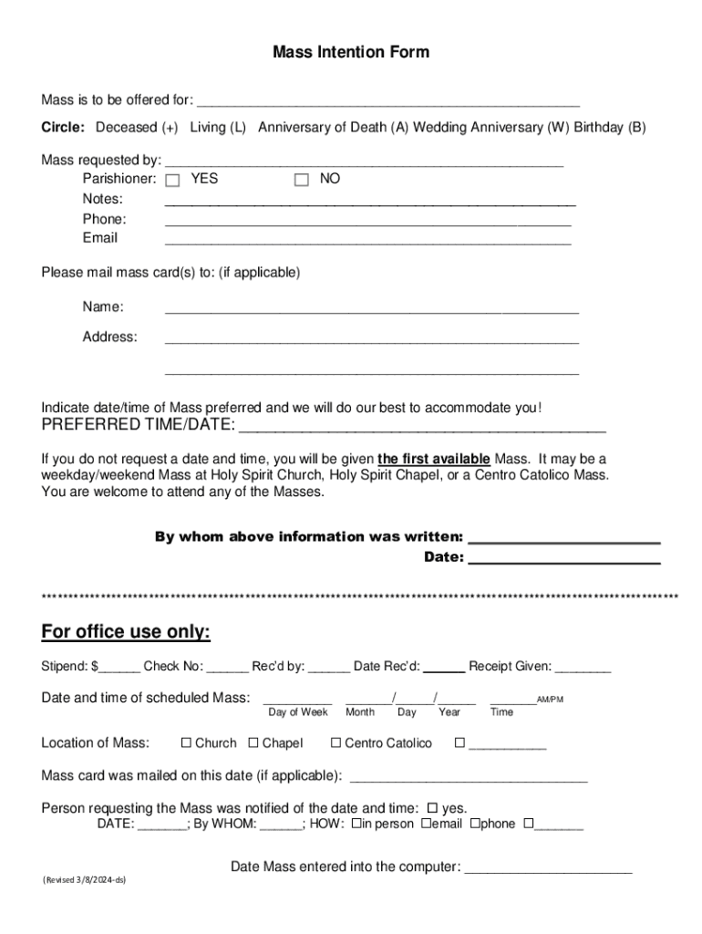 Fillable Online Mass Intention Form Fax Email Print - pdfFiller