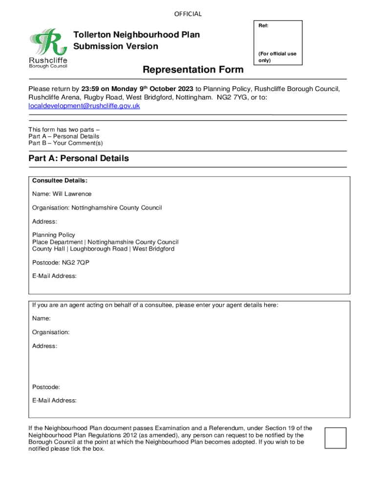 Fillable Online Comment(s) on Tollerton Neighbourhood Plan Submission ...