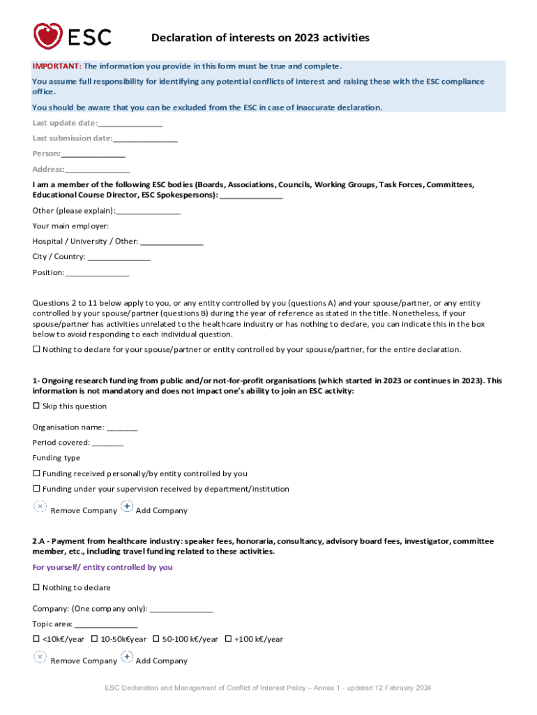 Fillable Online Declaration of Interests Form for OIE Experts Fax Email ...