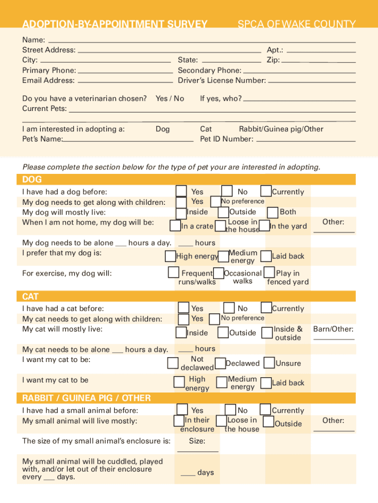 Fillable Online ADOPTION-BY-APPOINTMENT SURVEY SPCA OF WAKE COUNTY Fax ...