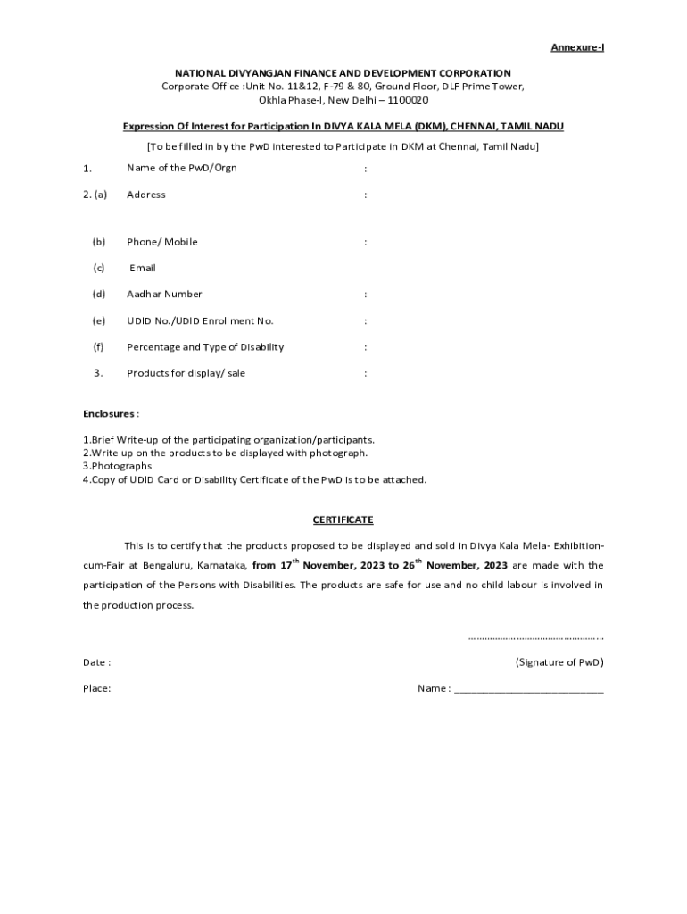 Fillable Online NATIONAL DIVYANGJAN FINANCE AND DEVELOPMENT CORPORATION ...