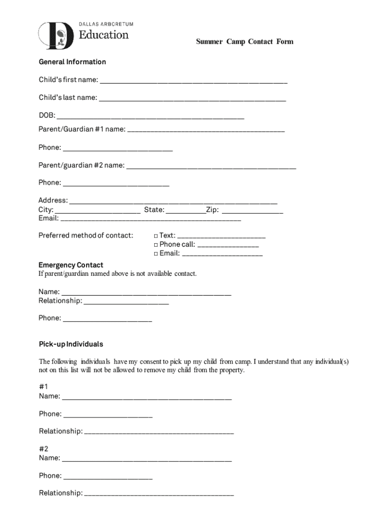 Fillable Online Summer Camp Contact Form - imgix Fax Email Print ...