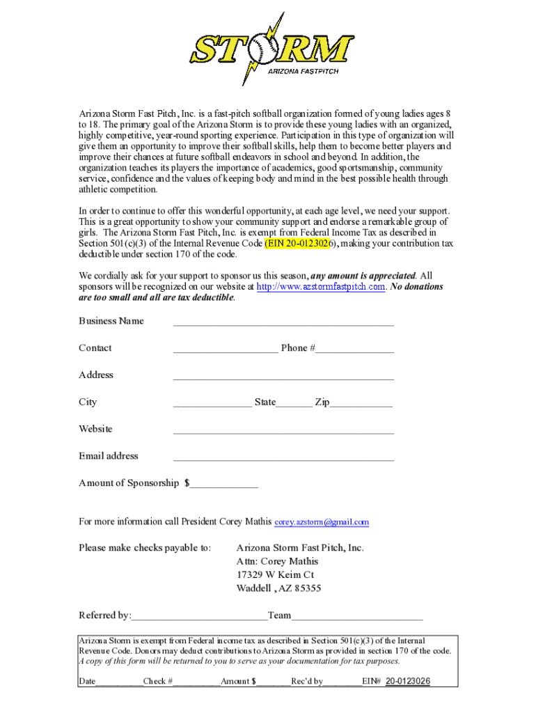 Fillable Online Rating for Arizona Storm Fast Pitch Softball Inc. Fax ...