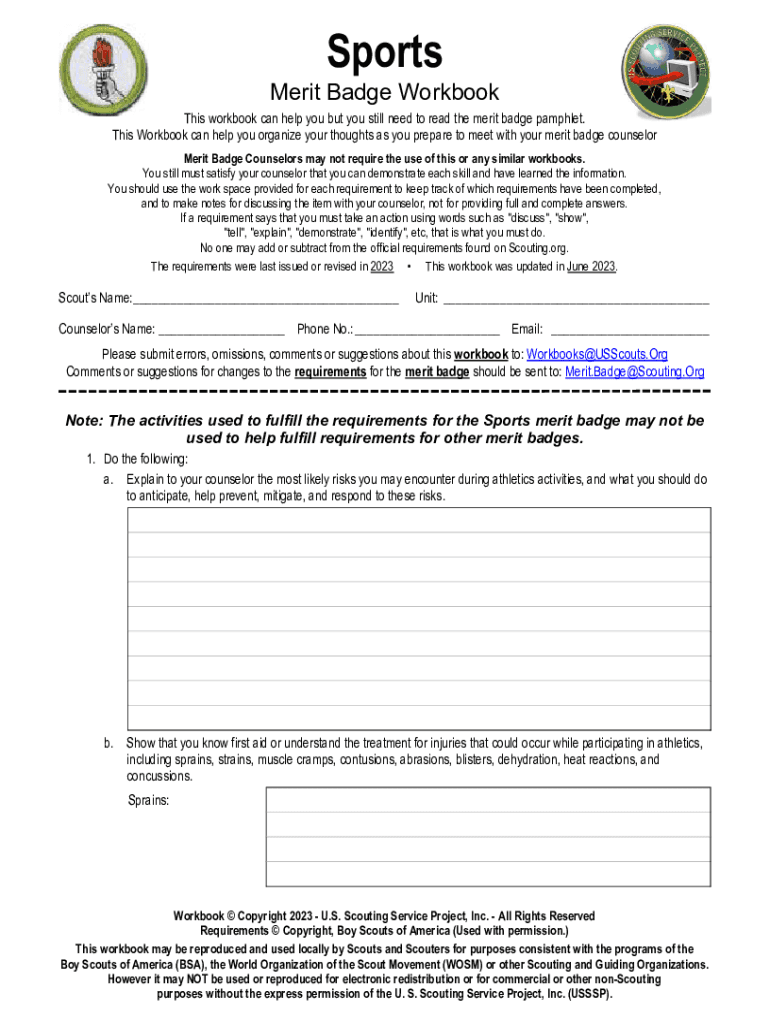 Fillable Online Sports Merit Badge Workbook: Risks, First Aid, and ...