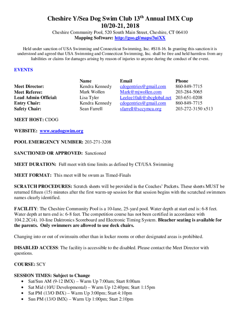 Fillable Online Cheshire Y/Sea Dog Swim Club 12th Annual IMX Cup ...