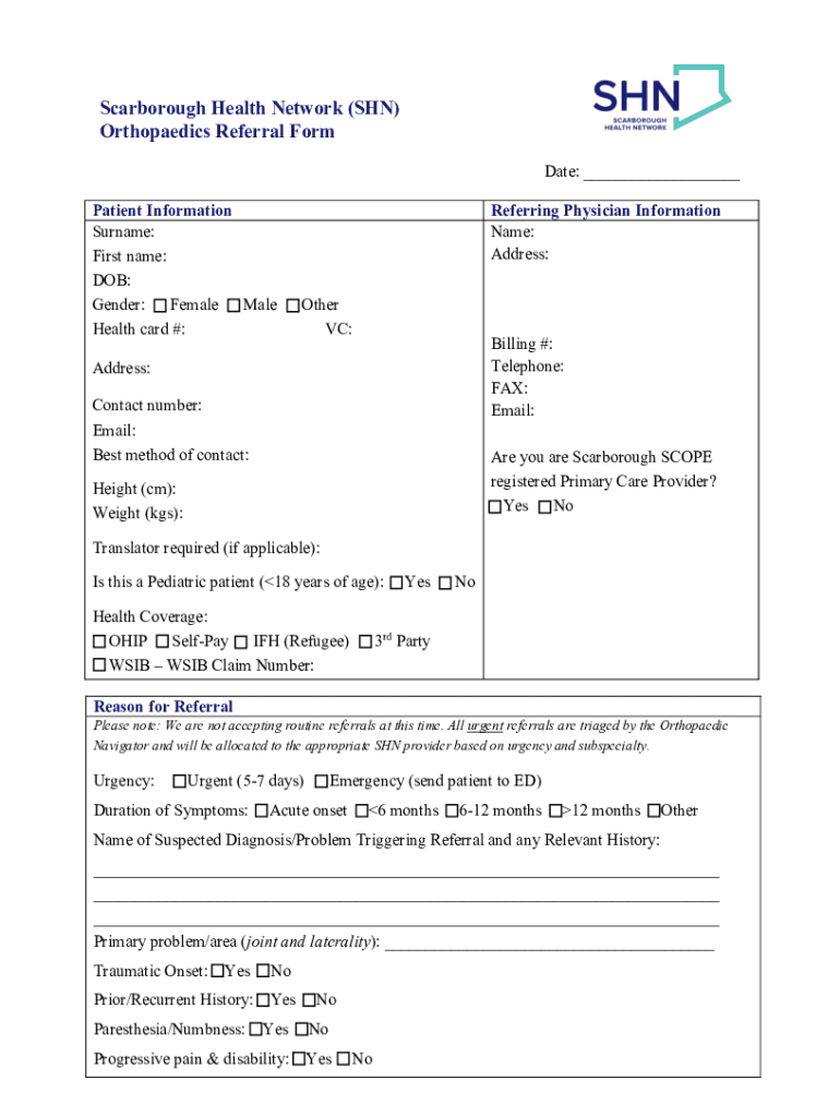 Fillable Online SHN Ortho General Referral Form.docx Fax Email Print - pdfFiller