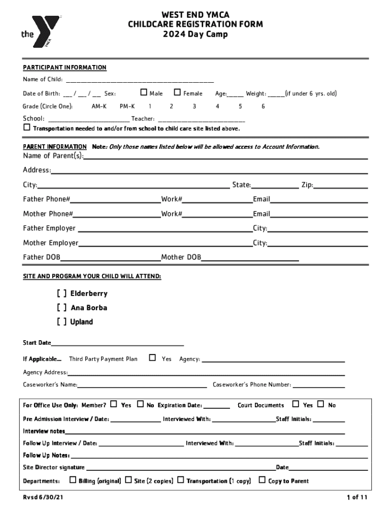 Fillable Online 2024 summer registration - ymca day camp gathering ...