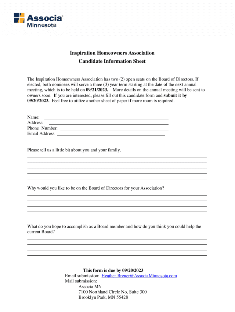 Fillable Online Inspiration Homeowners Association Candidate Information Sheet Fax Email Print ...