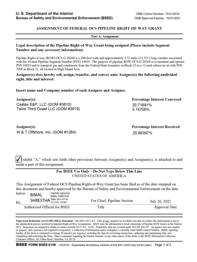 Fillable Online Assignment of Federal OCS Pipeline Right of Way Grant ...