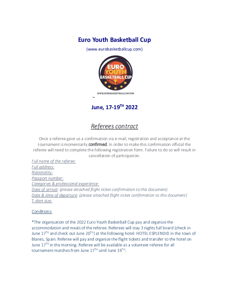 Fillable Online Euro Youth Basketball Cup Referees contract ...