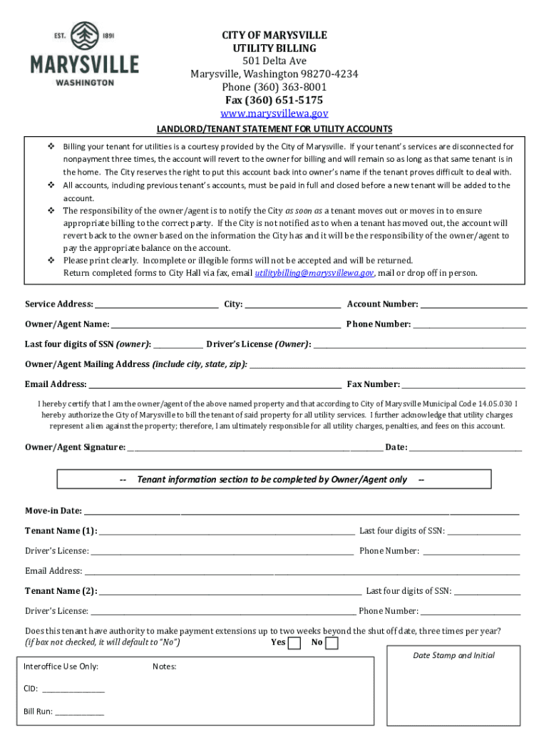 Fillable Online Landlord/Tenant Statement for Utility Accounts Fax ...