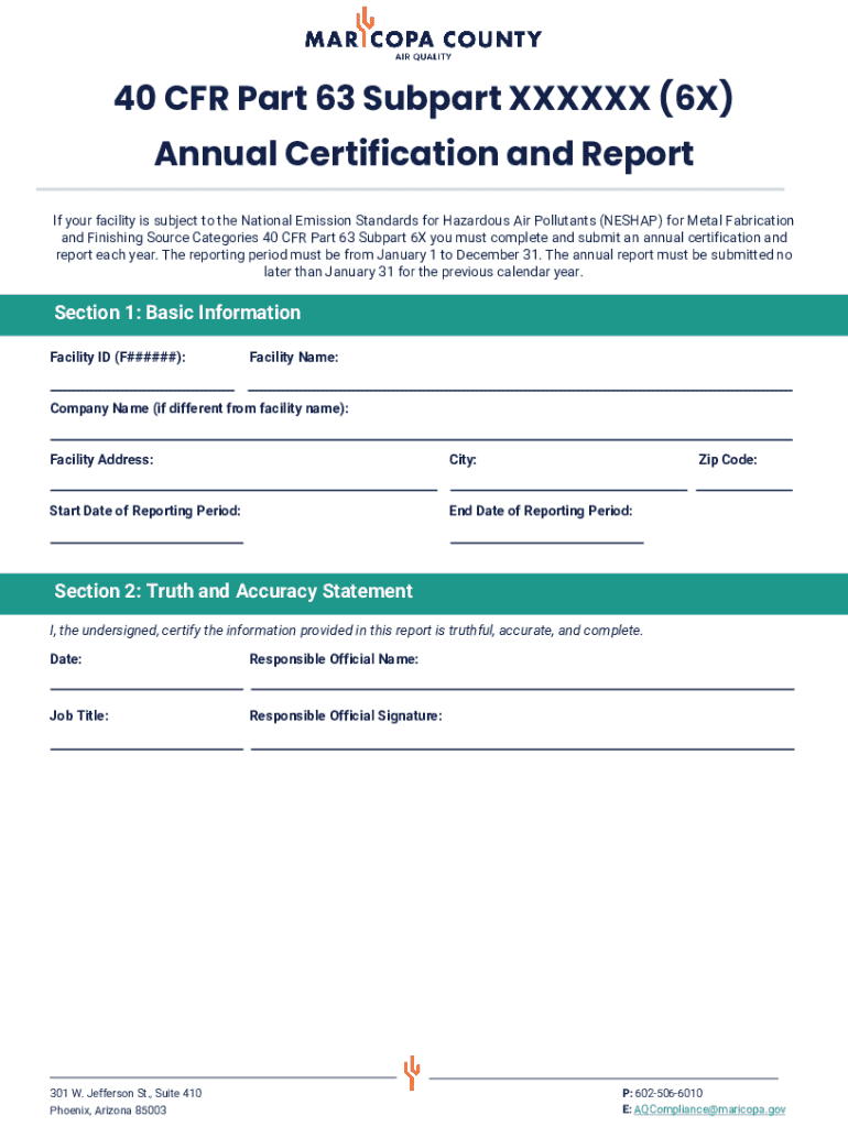 Fillable Online 40 CFR Part 63 Subpart XXXXXX (6X) Annual Certification and Report Fax Email ...