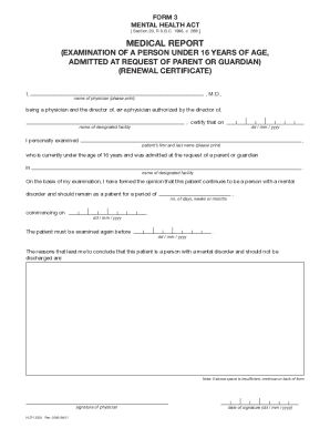 Fillable Online Mental Health Act Form 3, Medical Report (Examination ...