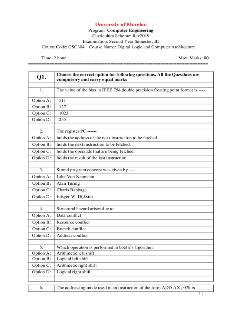 Fillable Online S E Sem Iii Digital Logic And Computer Architecture