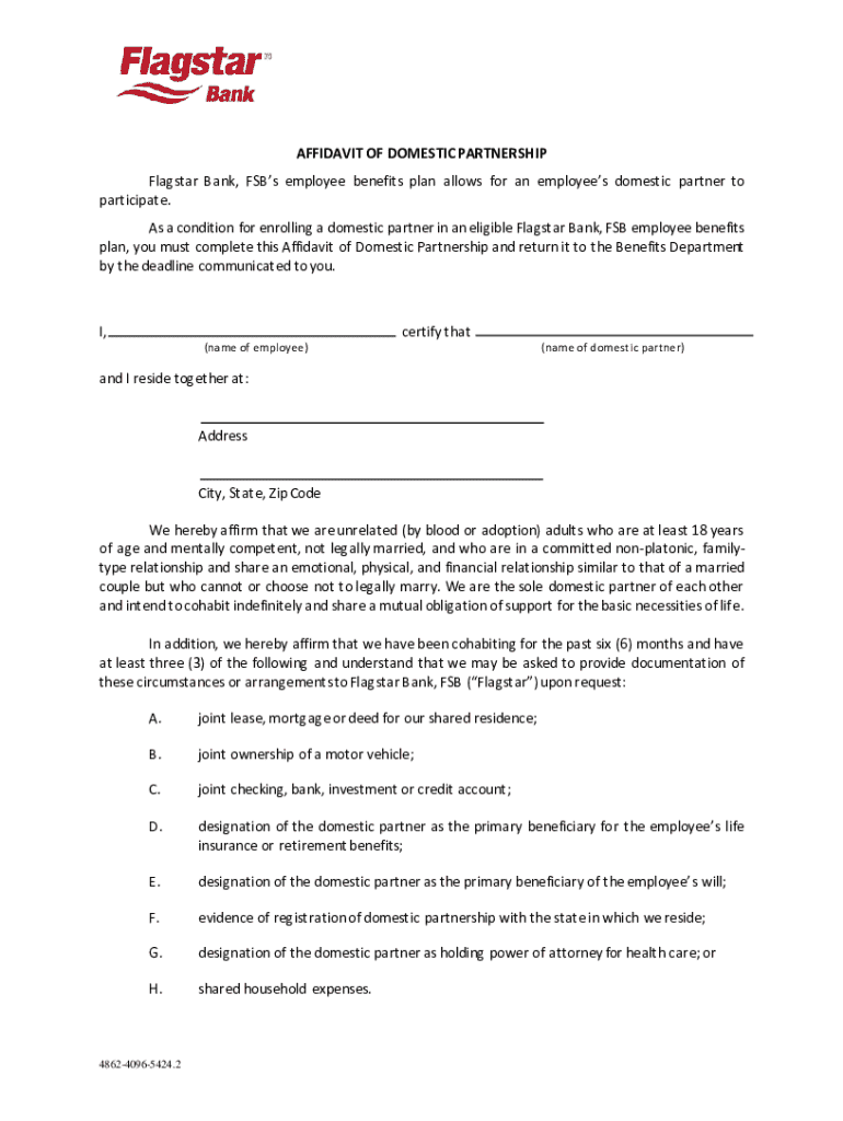Fillable Online AFFIDAVIT OF DOMESTIC PARTNERSHIP Flagstar Bank, FSB's ...
