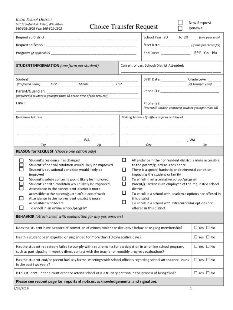 Fillable Online Choice/Transfer Request Forms - Kelso School District ...