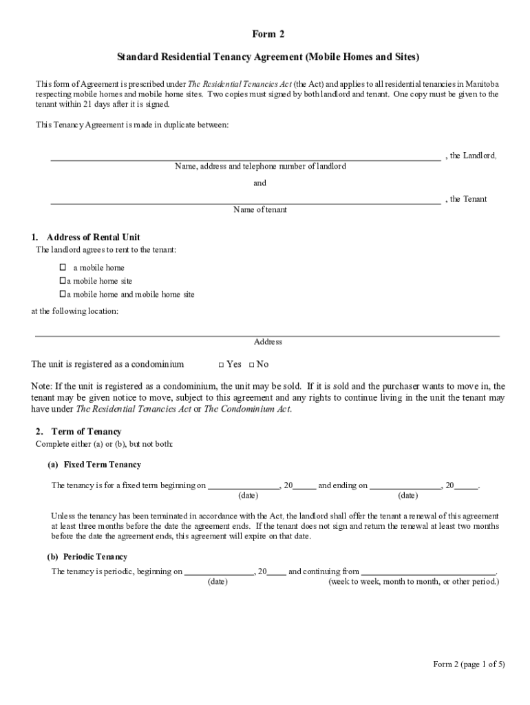 Fillable Online Form 2 - Standard Residential Tenancy Agreement (Mobile ...