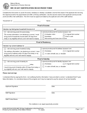 Fillable Online WIC 30 DAY CERTIFICATION OR NO PROOF FORM Fax Email ...