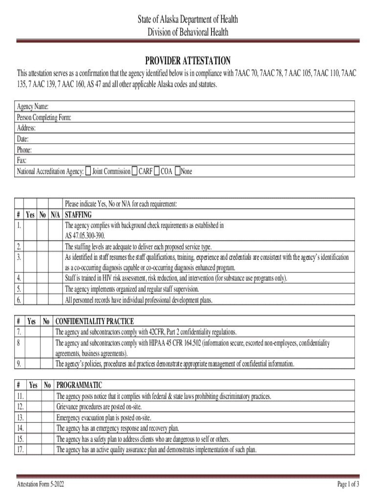 Fillable Online Provider Attestation Form - Alaska Department of Health ...