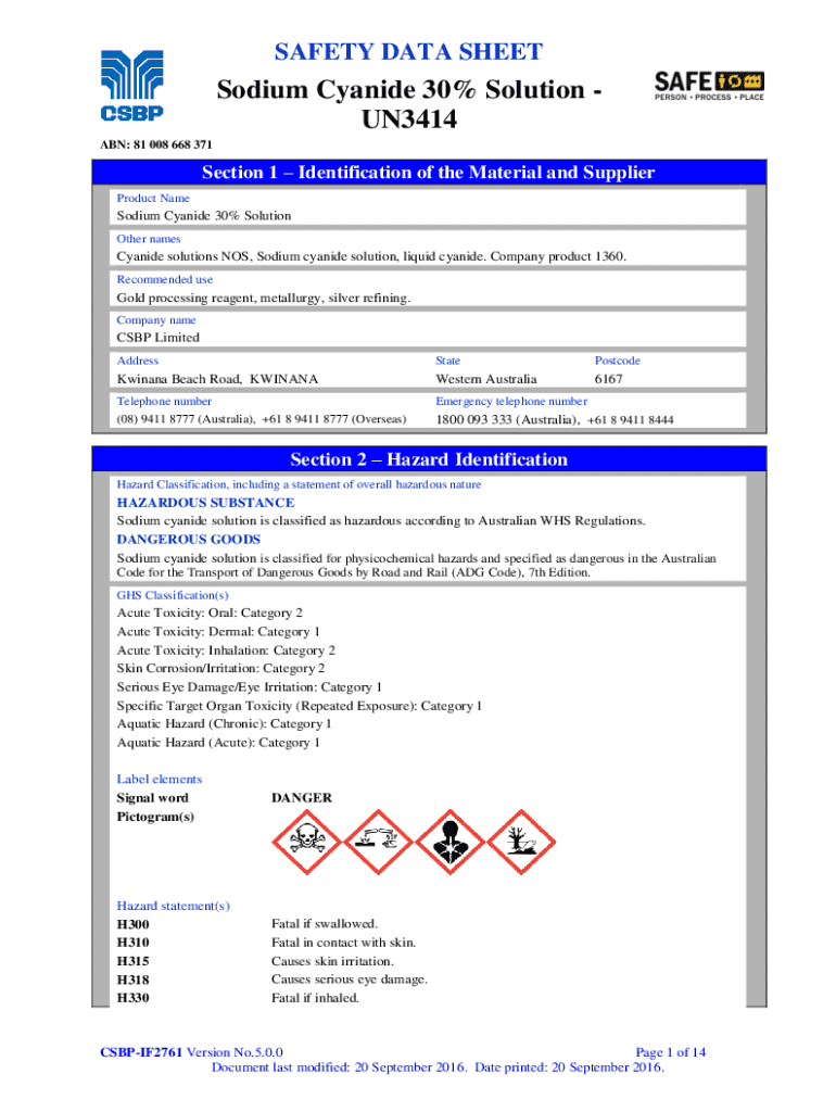 Fillable Online SDS of Sodium Cyanide - Safety data sheet Fax Email ...