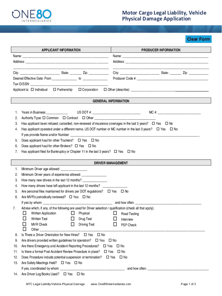 Fillable Online Motor Cargo Legal Liability, Vehicle Physical Damage ...