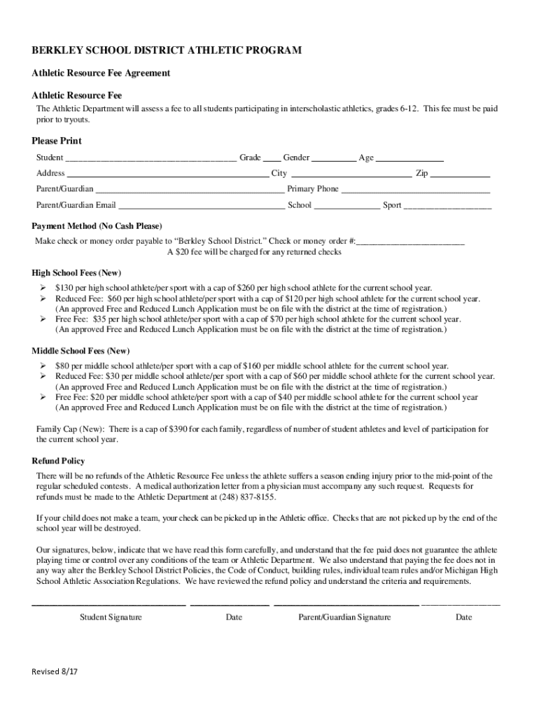 Fillable Online Athletic Resource Fee Agreement Fax Email Print - pdfFiller