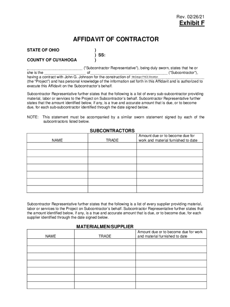 Fillable Online Fillable Online Exhibit F AFFIDAVIT OF CONTRACTOR Fax ... Fax Email Print ...