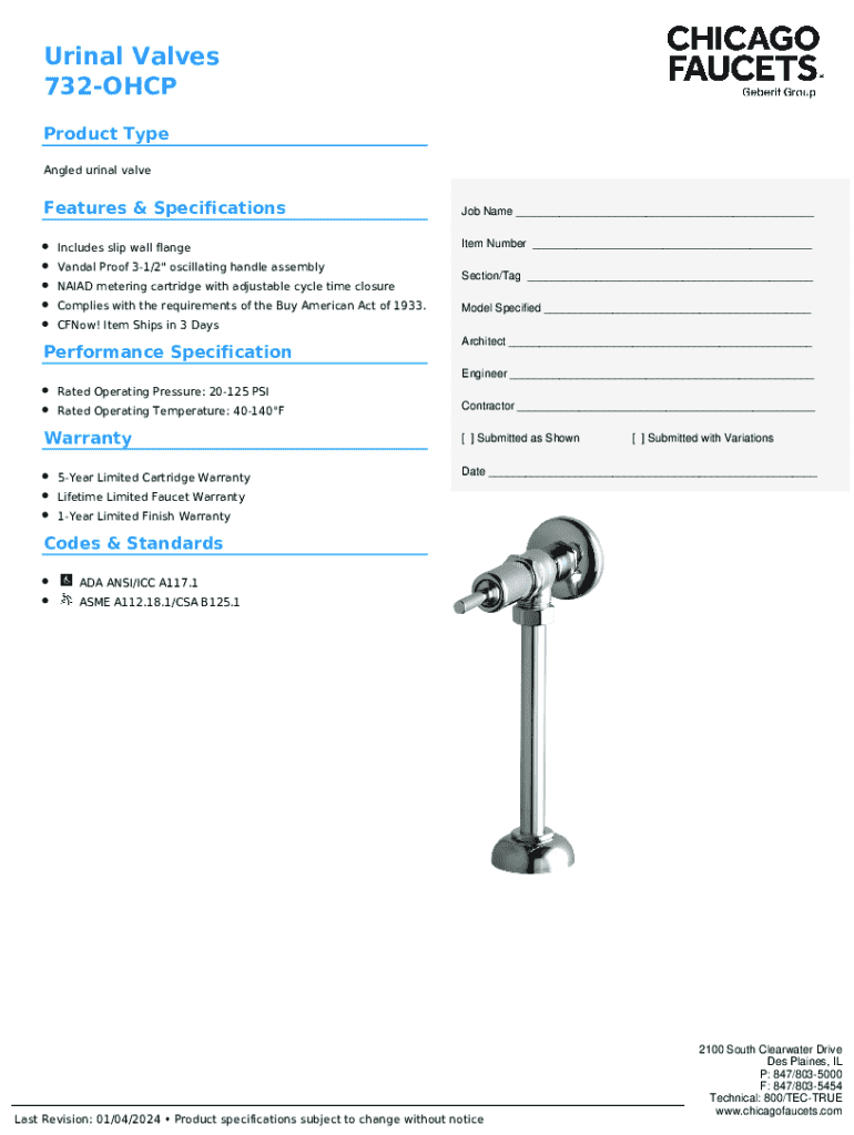 Fillable Online Chicago Faucets 732-OHCP Angle Urinal Valve with Riser ...