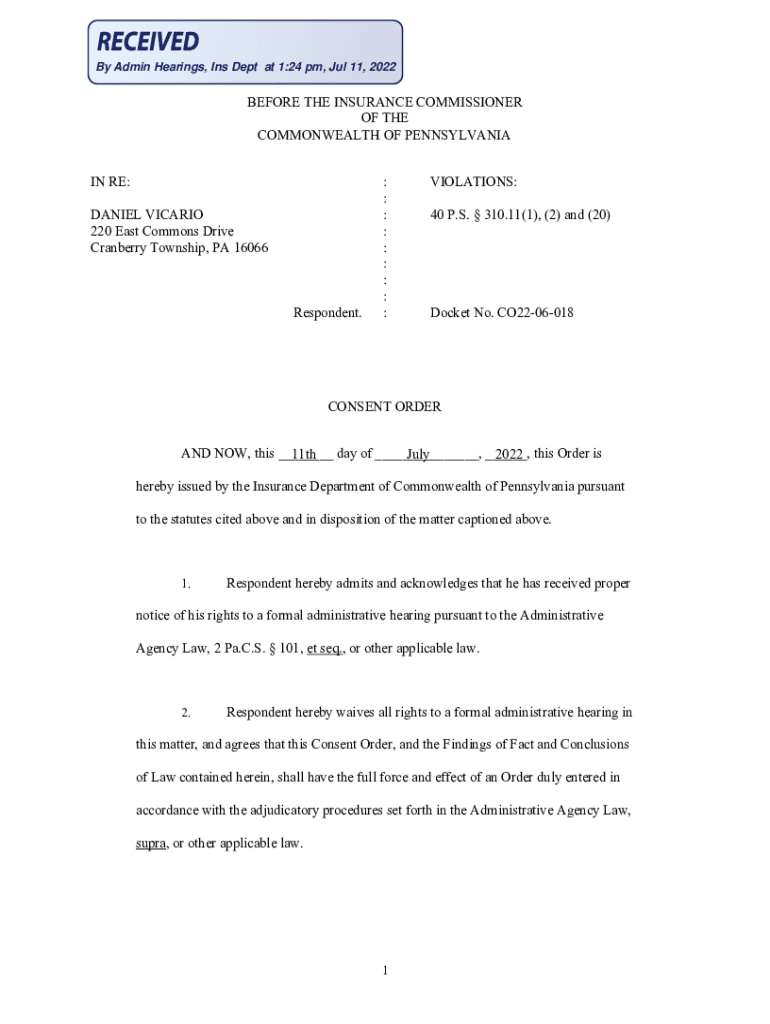 Fillable Online VIOLATIONS: : DANIEL VICARIO : 40 P.S.310.11 Fax Email ...