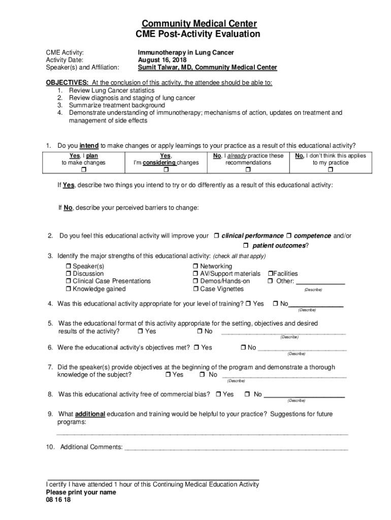 Fillable Online Community Medical Center CME Post Activity Evluation ...