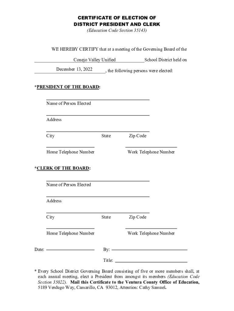 Fillable Online certificate of election of officers of governing board ...