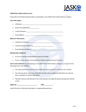 Fillable Online JASKO Driver Referral Bonus Form Fax Email Print ...