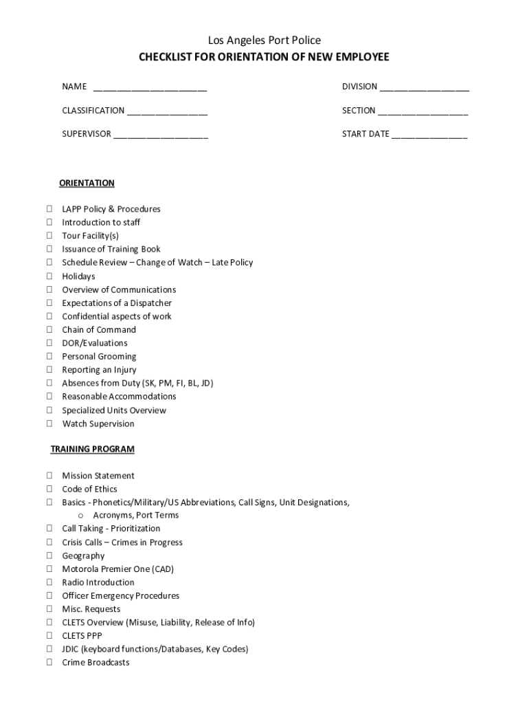 Fillable Online Los Angeles Port Police CHECKLIST FOR ORIENTATION OF ...