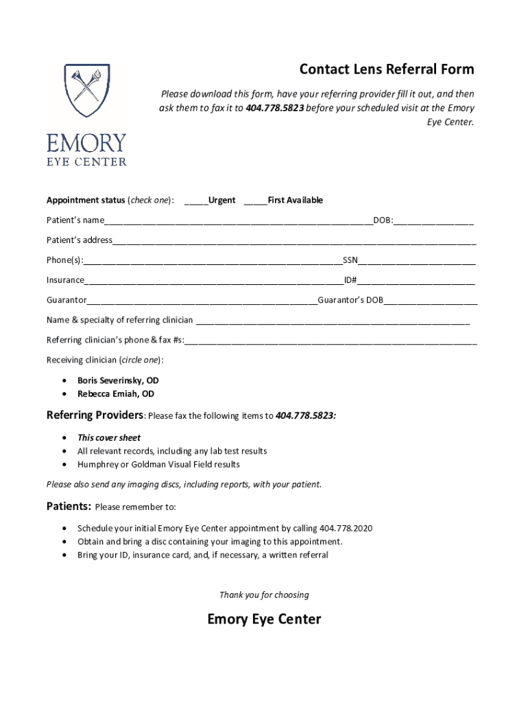 Fillable Online med emory Cornea and Contact Lens Service Referral Form ...