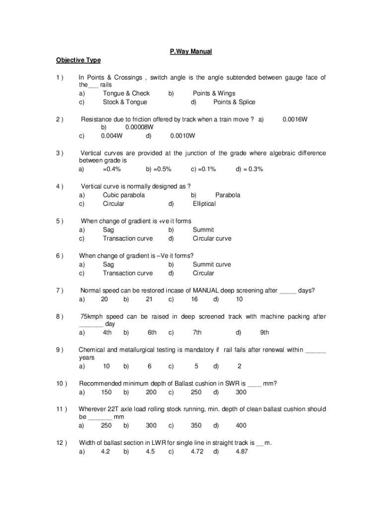 Fillable Online P.Way Manual Objective Type 1 ) In Points & Crossings ...