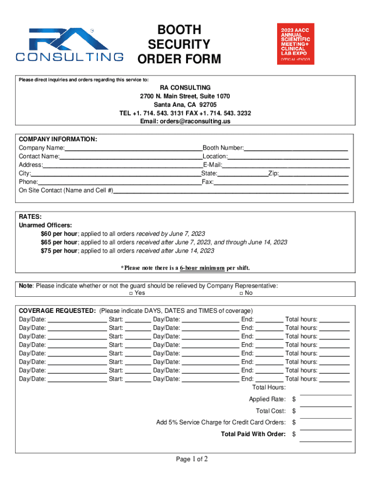Fillable Online Fillable Online BOOTH SECURITY ORDER FORM Super ... Fax Email Print - pdfFiller