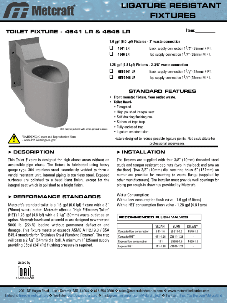 Fillable Online Metcraft 4646-LR Ligature Resistant Toilet 9 Rough-In ...