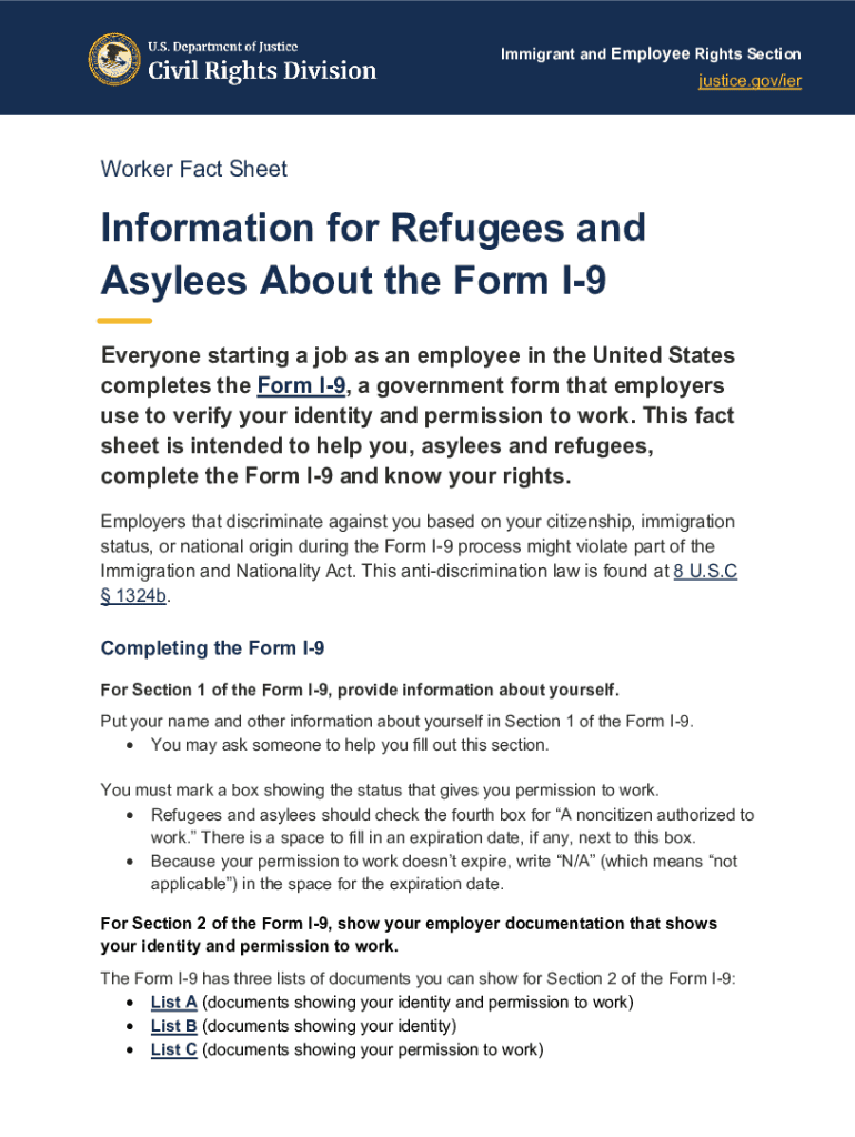 Fillable Online Information for Refyugees and Asylees on the Form I-9 ...