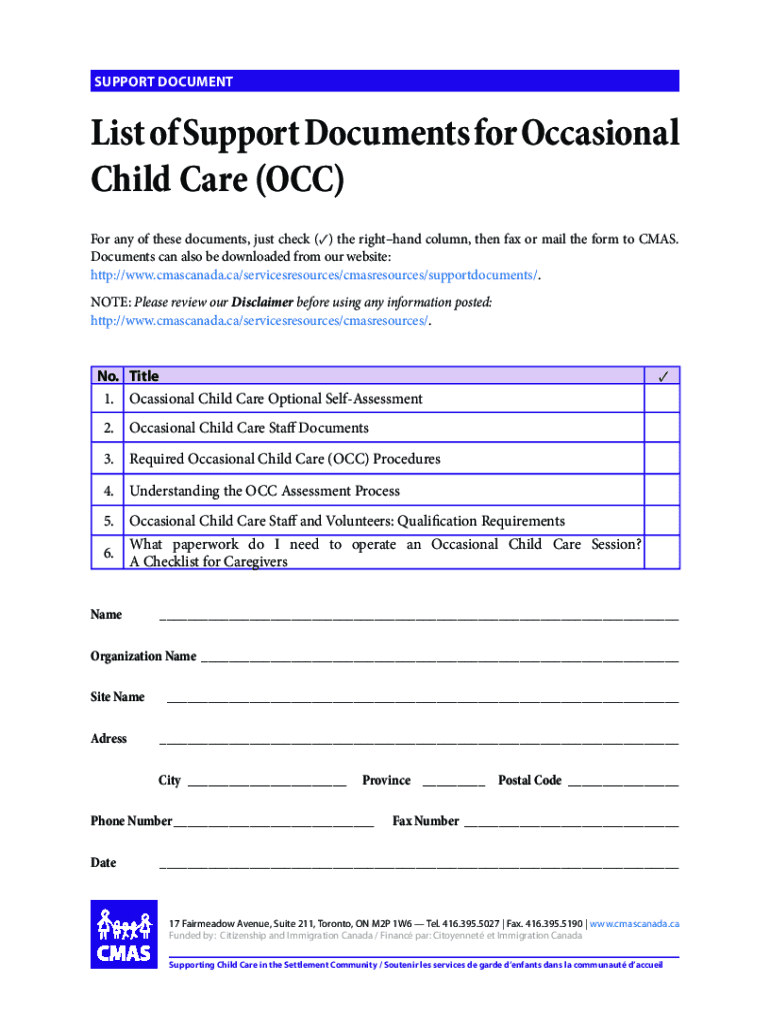 Fillable Online List of Support Documents for Occasional Child Care ...
