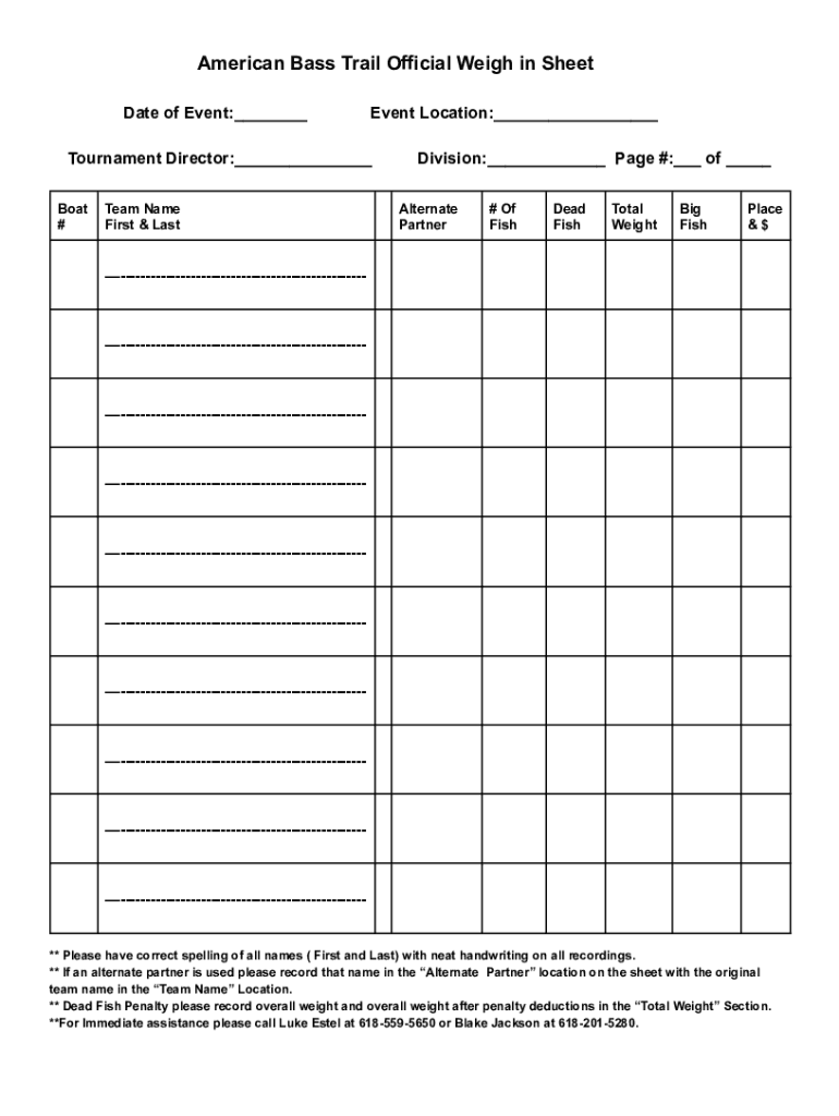 Fillable Online American Bass Trail Official Weigh in Sheet Fax Email ...