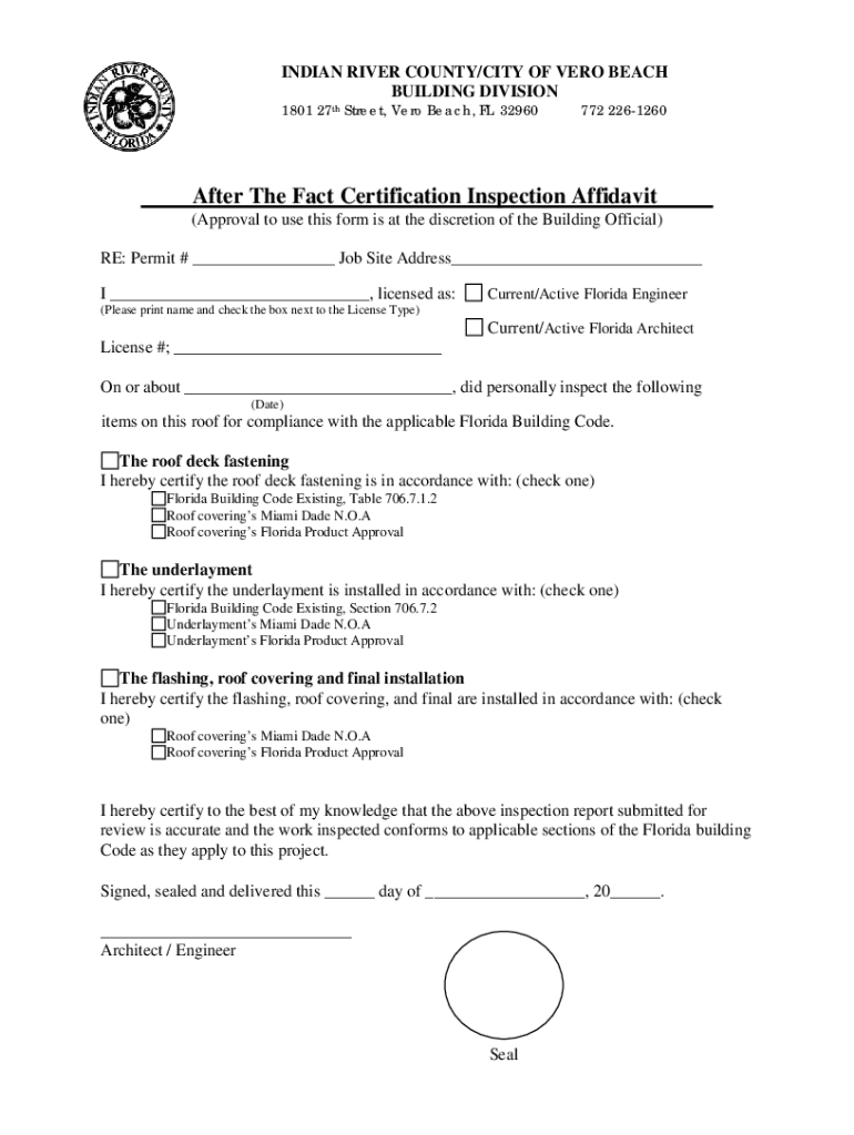 Fillable Online After The Fact Certification Inspection Affidavit Fax ...