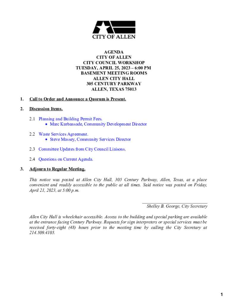 Fillable Online 1. Call to Order and Announce a Quorum is Present. 2 ...