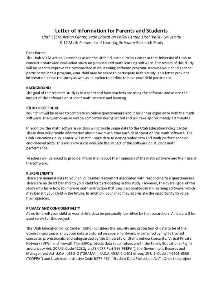 Fillable Online Letter of Information for Parents and Students STEM ...