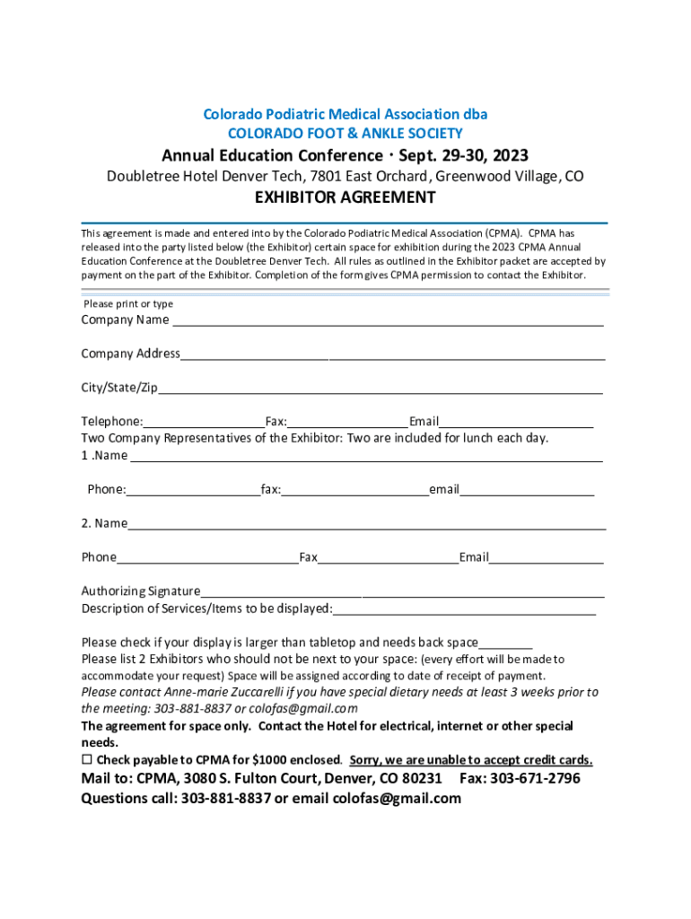 Fillable Online Sept. 29-30, 2023 EXHIBITOR AGREEMENT Fax Email Print - pdfFiller