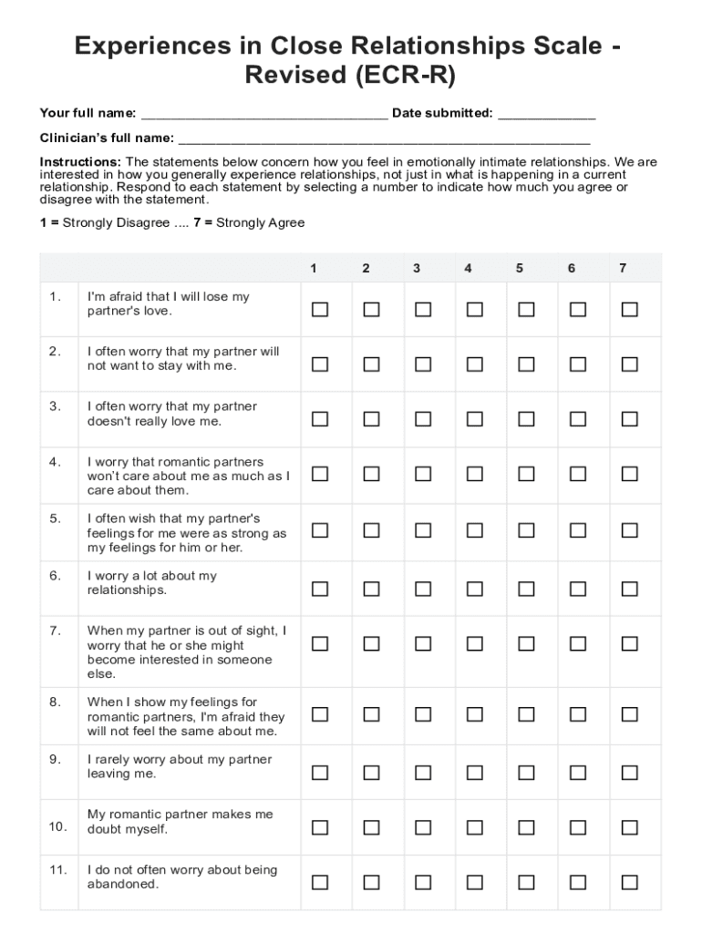 Fillable Online Experiences in Close Relationships Scale PDF. Use the ...