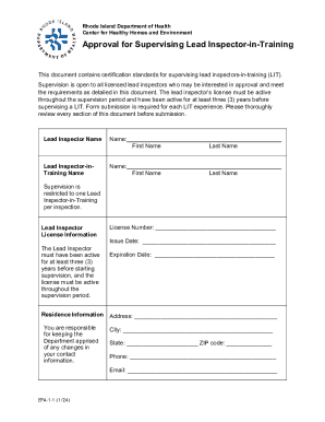Fillable Online health ri Approval for Supervising Lead Inspector-in ...